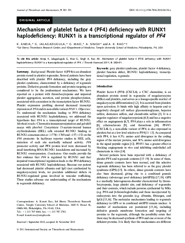 (PDF) Mechanism of platelet factor 4 (PF4) deficiency with RUNX1 haplodeficiency: RUNX1 is a ...