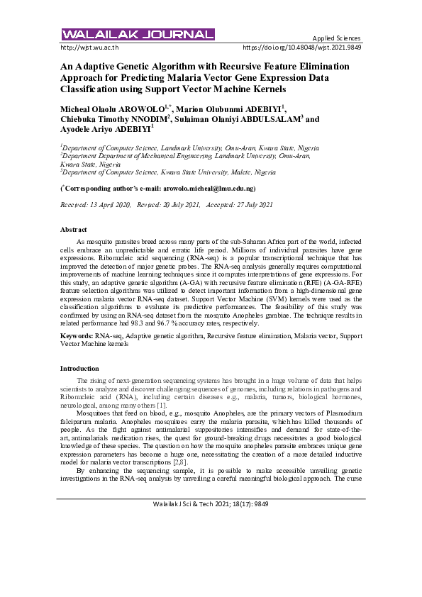 Pdf An Adaptive Genetic Algorithm With Recursive Feature Elimination Approach For Predicting