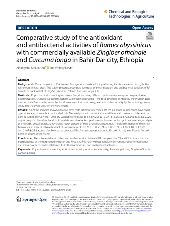 (PDF) Comparative study of the antioxidant and antibacterial activities of Rumex abyssinicus ...
