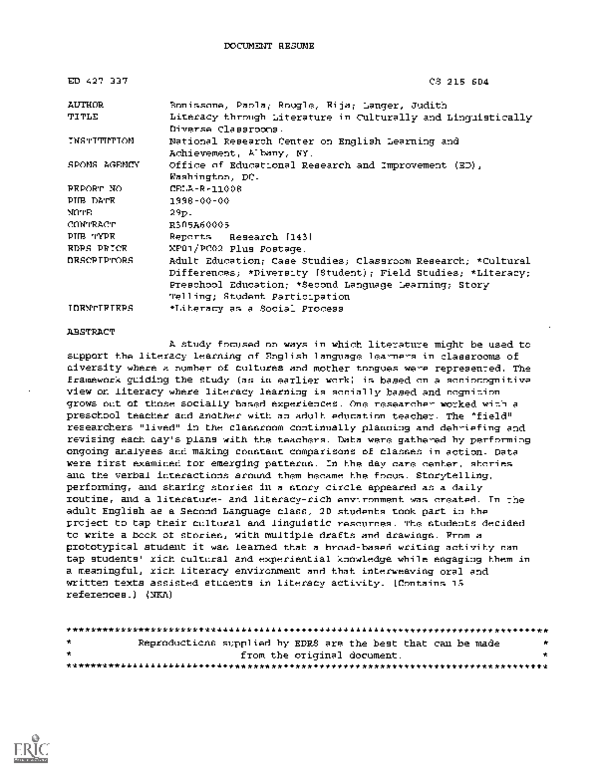 (PDF) Literacy through Literature in Culturally and Linguistically ...