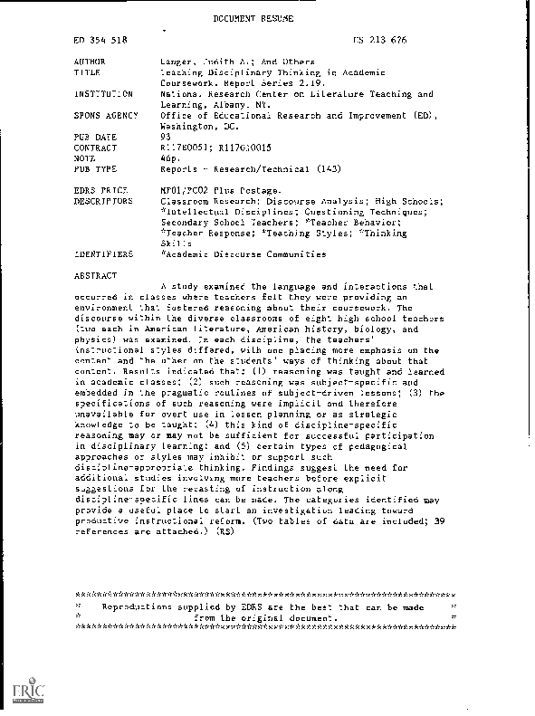 (PDF) Teaching disciplinary thinking in academic coursework | Judith ...