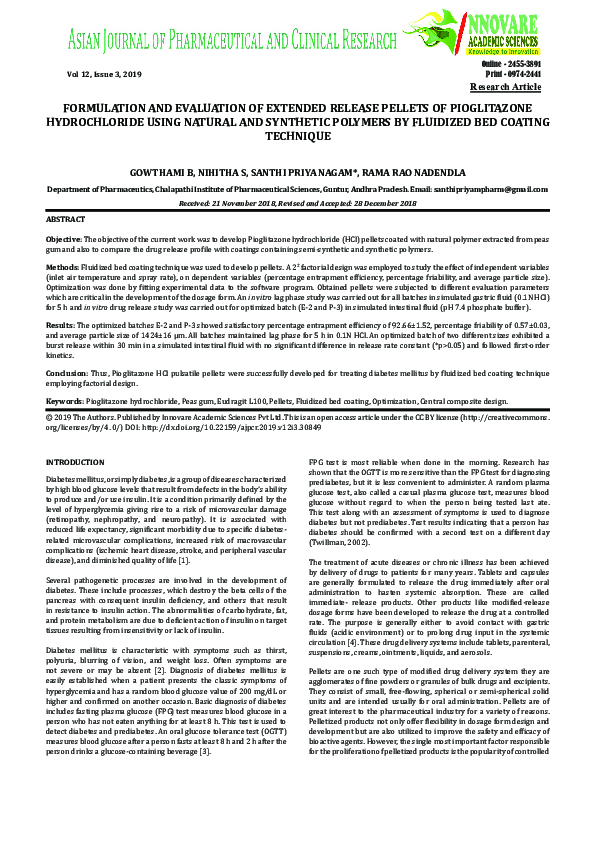 Pdf Formulation And Evaluation Of Extended Release Pellets Of Pioglitazone Hydrochloride Using