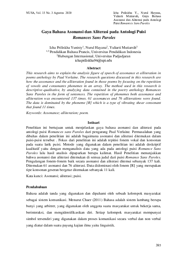 (PDF) Gaya Bahasa Asonansi dan Aliterasi pada Antologi Puisi Romances ...