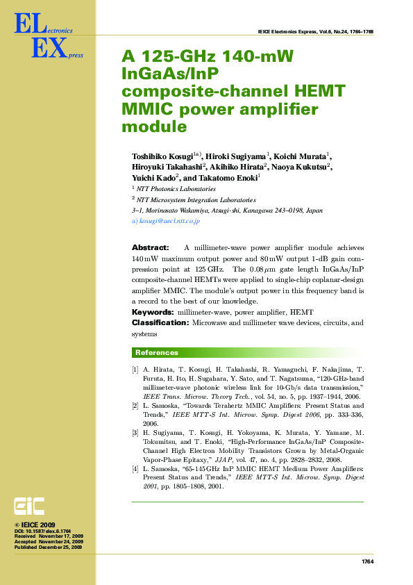 (PDF) A 125-GHz 140-mW InGaAs/InP composite-channel HEMT MMIC power ...