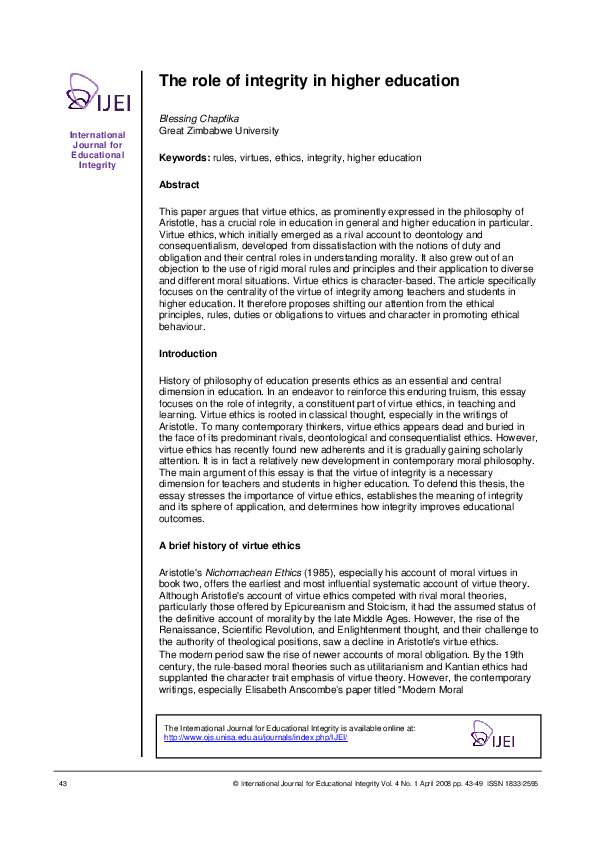 (PDF) The role of integrity in higher education