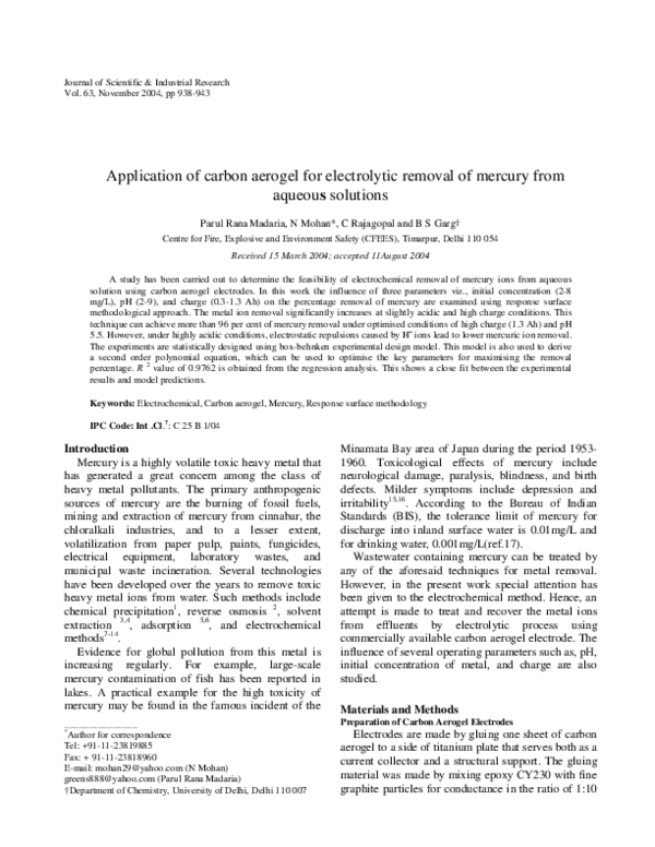 (PDF) Application of carbon aerogel for electrolytic removal of mercury ...