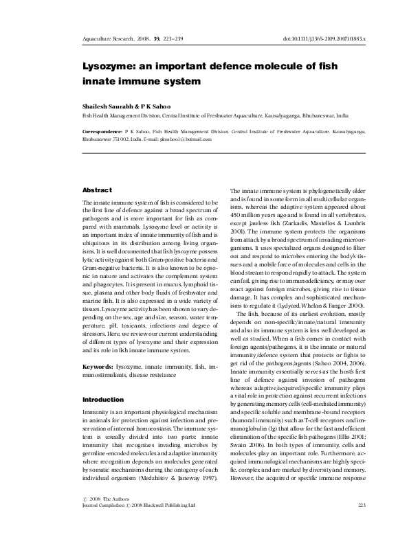 (PDF) Lysozyme: an important defence molecule of fish innate immune system