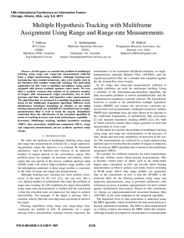 (PDF) Multiple hypothesis tracking with multiframe assignment using range and range-rate ...