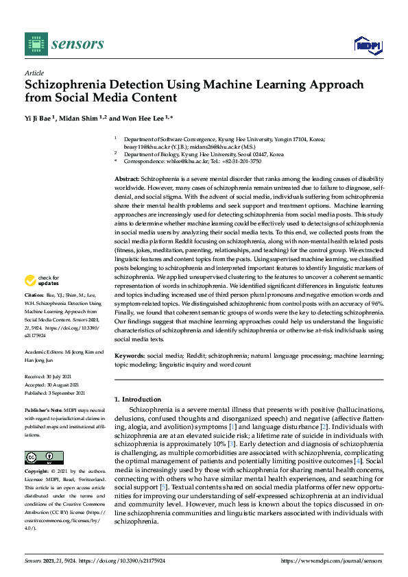 (PDF) Schizophrenia Detection Using Machine Learning Approach from Social Media Content