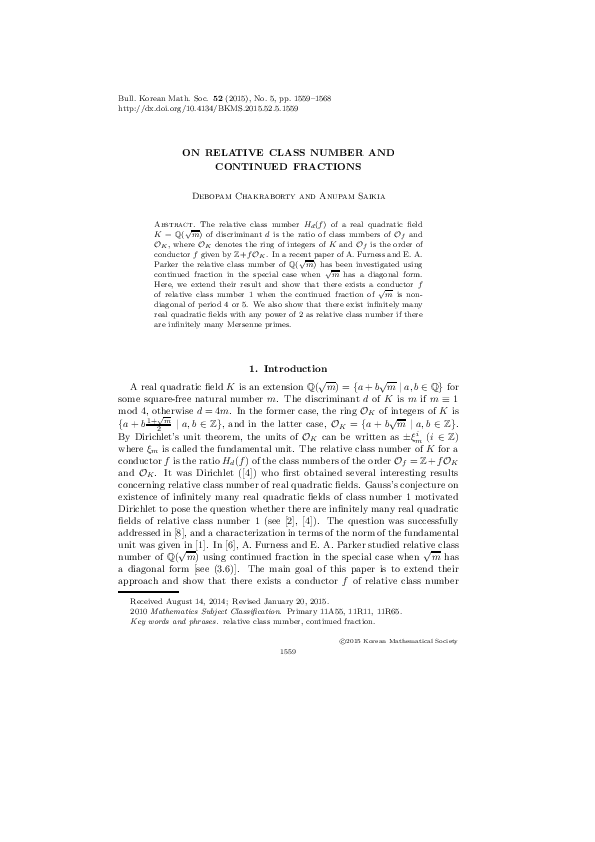 (PDF) On Relative Class Number and Continued Fractions