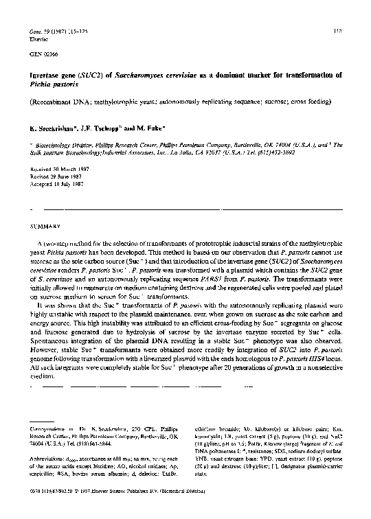 (PDF) Invertase gene (SUC2) of Saccharomyces cerevisiae as a dominant ...