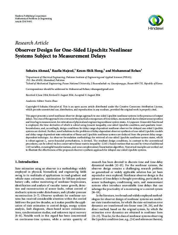 Pdf Observer Design For One Sided Lipschitz Nonlinear Systems Subject To Measurement Delays