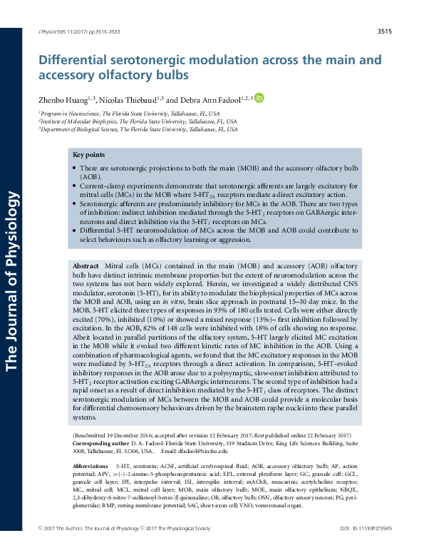 (PDF) Differential serotonergic modulation across the main and accessory olfactory bulbs