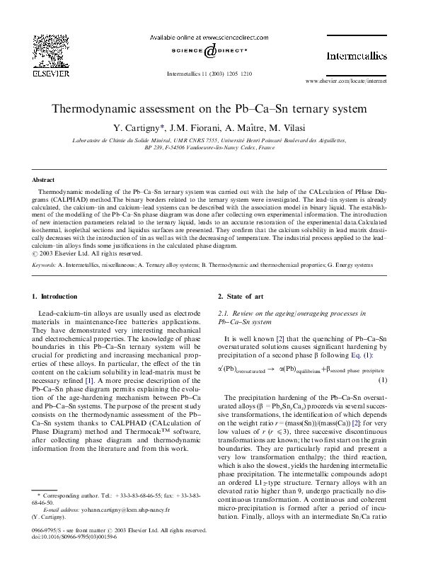 (PDF) Thermodynamic assessment on the Pb–Ca–Sn ternary system