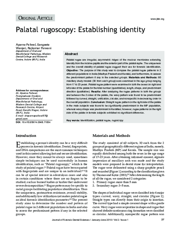 (PDF) Palatal rugoscopy: Establishing identity