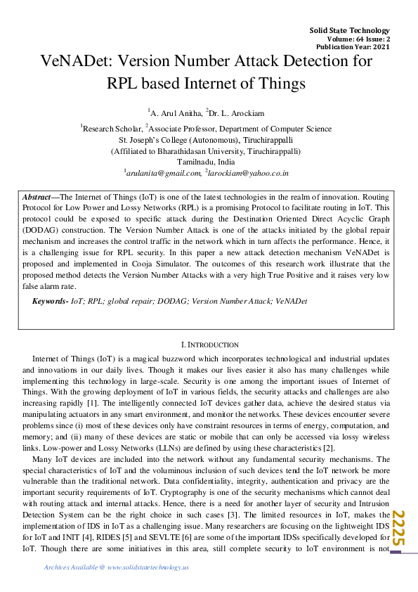 (PDF) VeNADet: Version Number Attack Detection for RPL based Internet of Things