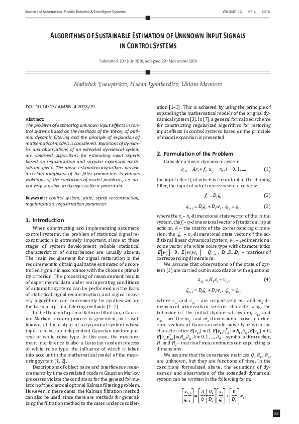 (PDF) Algorithms of Sustainable Estimation of Unknown Input Signals in Control Systems