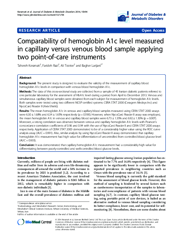 (PDF) Comparability of hemoglobin A1c level measured in capillary ...