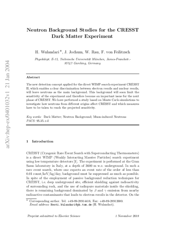 (PDF) Neutron Background Studies for the CRESST Dark Matter Experiment