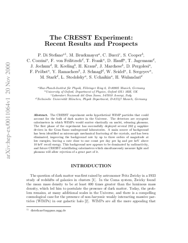 (PDF) The CRESST experiment: Recent results and prospects