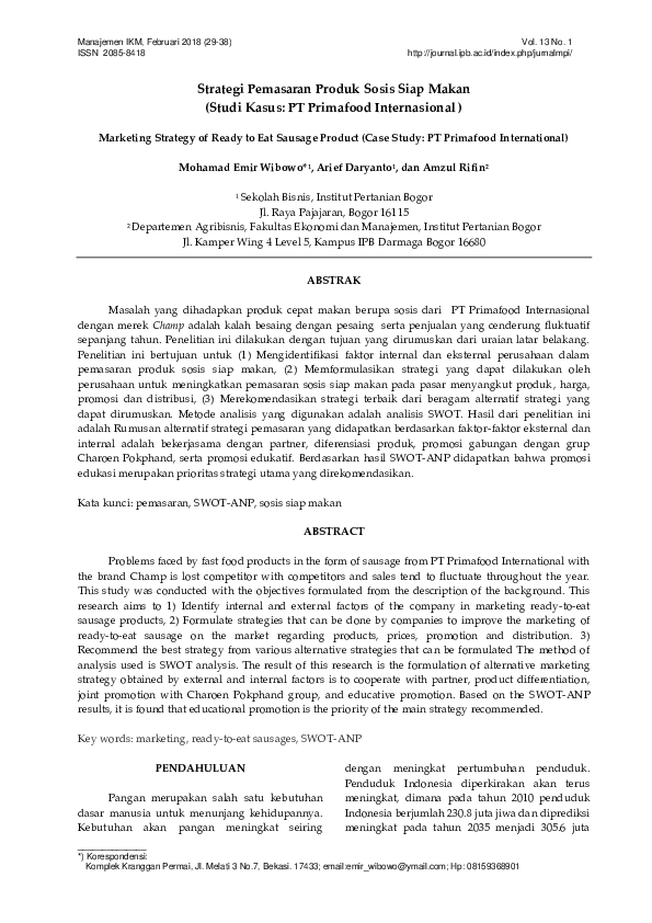 (PDF) Strategi Pemasaran Produk Sosis Siap Makan (Studi Kasus: PT ...