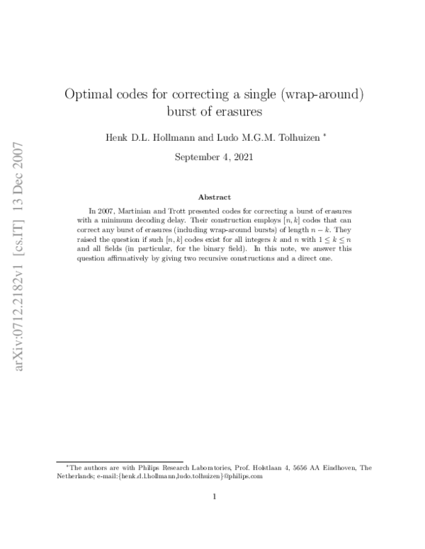 (PDF) Optimal codes for correcting a single (wrap-around) burst of errors