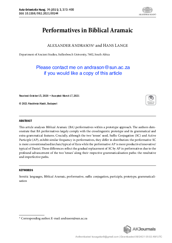 (PDF) Performatives in Biblical Aramaic. (A. Andrason & H. Lange). Acta Orientalia Academiae ...