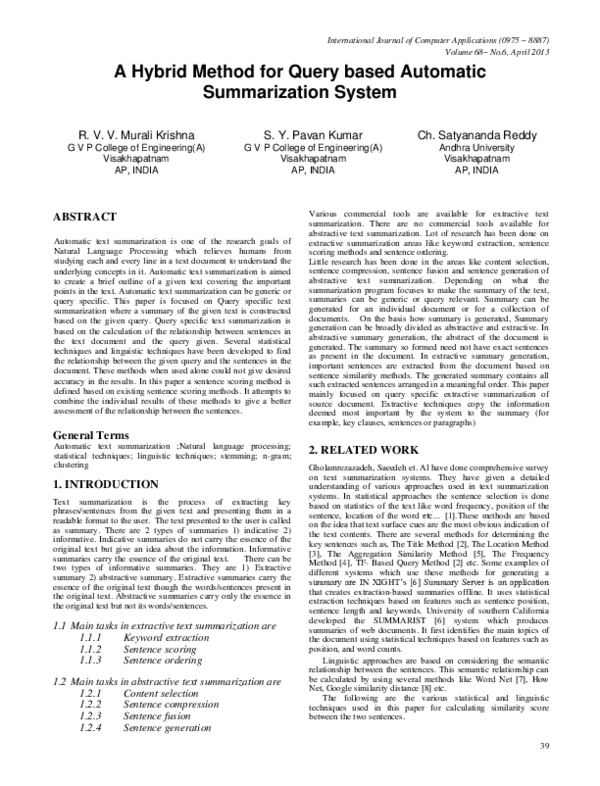 Pdf A Hybrid Method For Query Based Automatic Summarization System