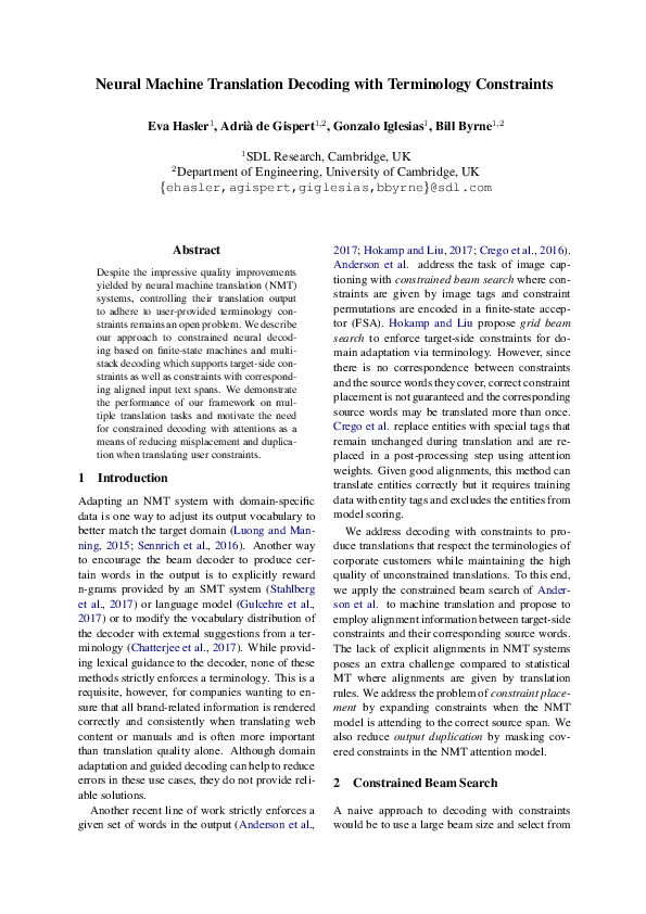 Pdf Neural Machine Translation Decoding With Terminology Constraints
