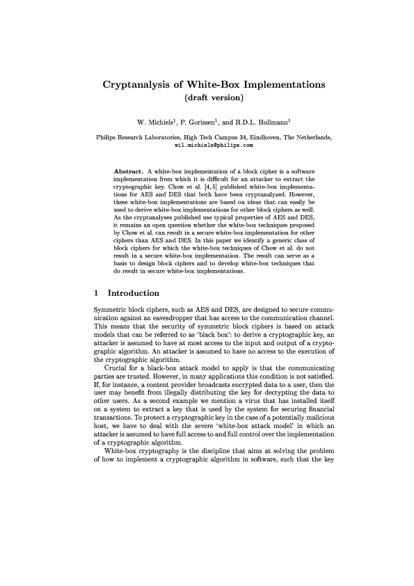 Pdf Cryptanalysis Of A Generic Class Of White Box Implementations