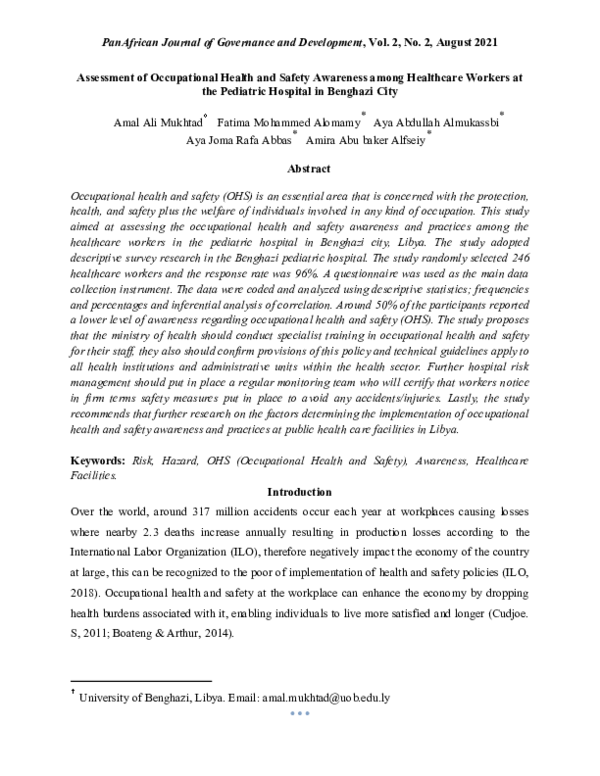 (PDF) Assessment of Occupational Health and Safety Awareness among ...