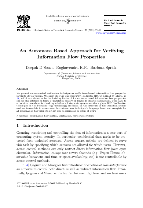 (PDF) An Automata Based Approach for Verifying Information Flow Properties