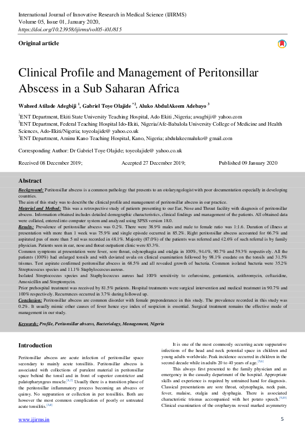 (PDF) Clinical Profile and Management of Peritonsillar Abscess in a Sub ...