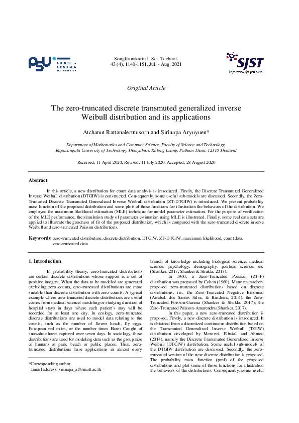 Pdf The Zero Truncated Discrete Transmuted Generalized Inverse Weibull Distribution And Its
