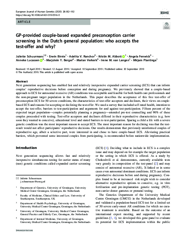 (PDF) GP-provided couple-based expanded preconception carrier screening in the Dutch general ...