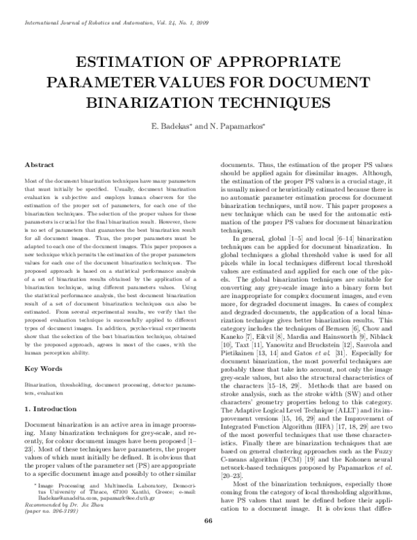 (PDF) Estimation of Appropriate Parameter Values for Document Binarization Techniques