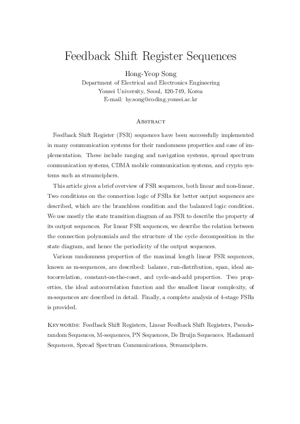 (PDF) Nonlinear Feedback Shift Register Sequences