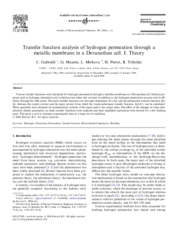 (PDF) Transfer function analysis of hydrogen permeation through a ...