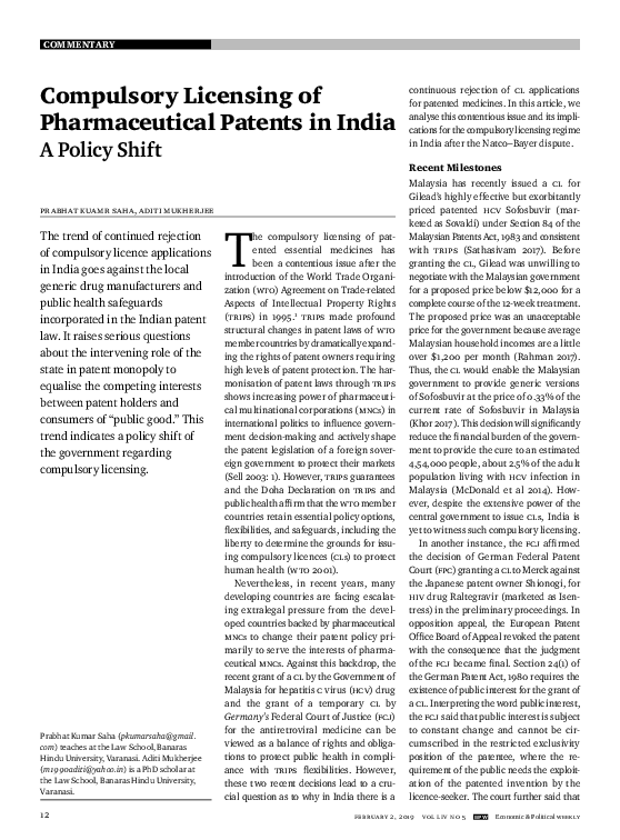 (PDF) Compulsory Licensing of Pharmaceutical Patents in India: A Policy ...