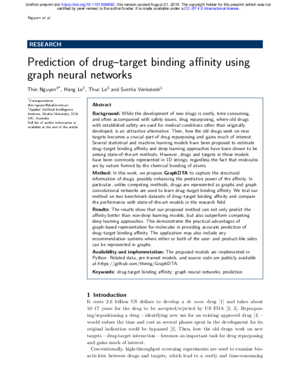 Pdf Graphdta Prediction Of Drug Target Binding Affinity Using Graph