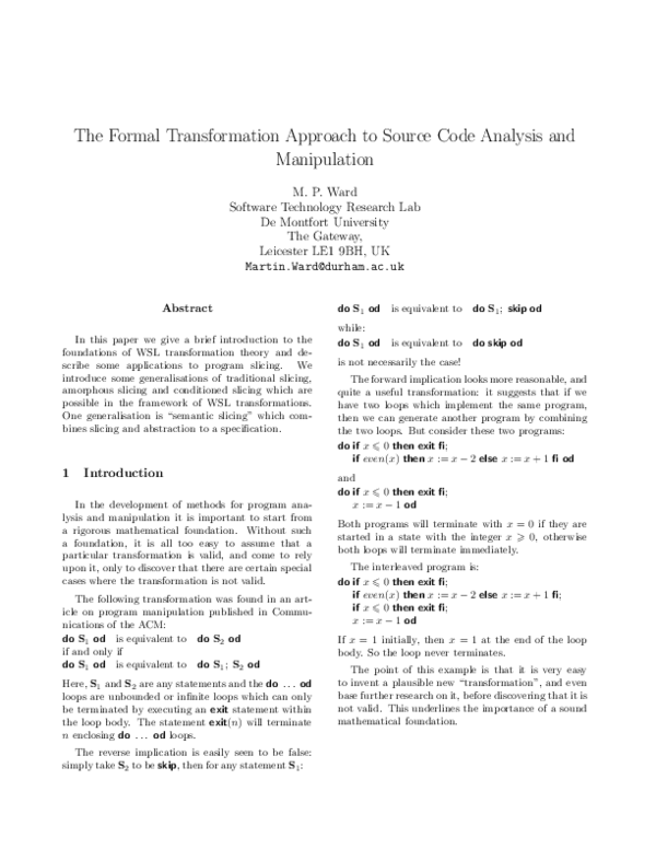 (PDF) The formal transformation approach to source code analysis and ...