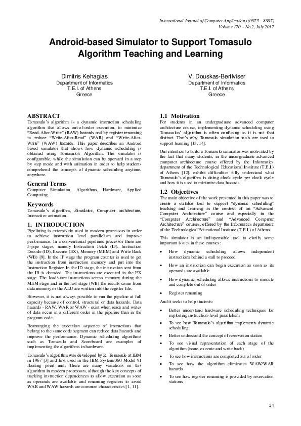 Pdf Android Based Simulator To Support Tomasulo Algorithm Teaching And Learning 
