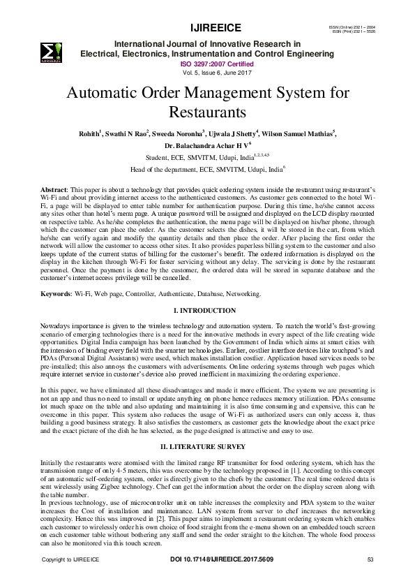 (PDF) Automatic Order Management System for Restaurants