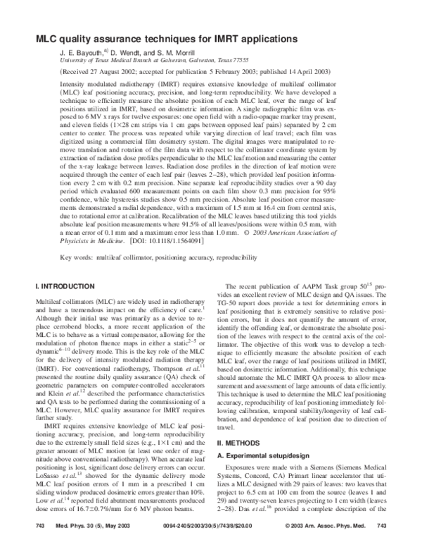 (PDF) MLC quality assurance techniques for IMRT applications