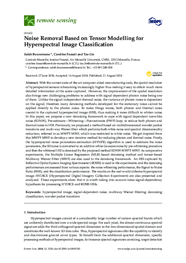 Pdf Noise Removal Based On Tensor Modelling For Hyperspectral Image Classification