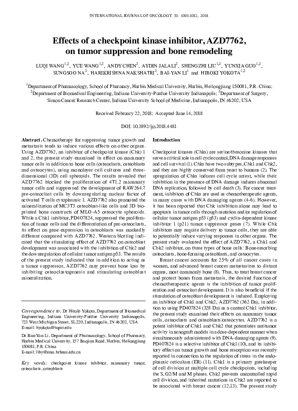 (PDF) Effects of a checkpoint kinase inhibitor, AZD7762, on tumor ...