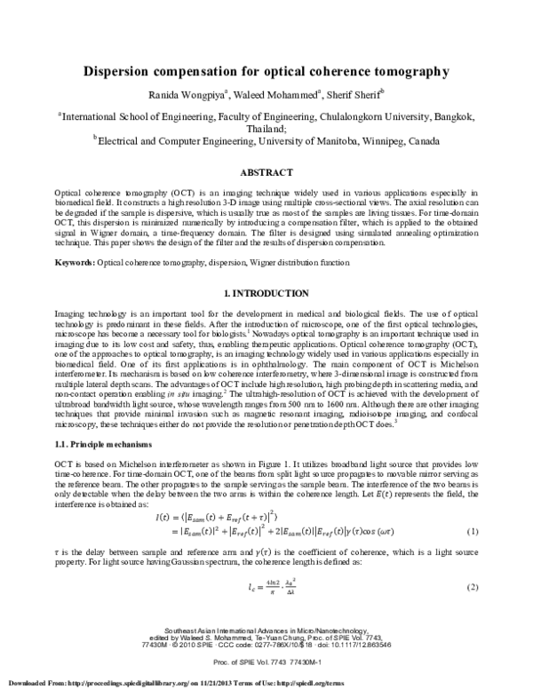 (PDF) Dispersion compensation for optical coherence tomography depth-scan signals by a numerical ...