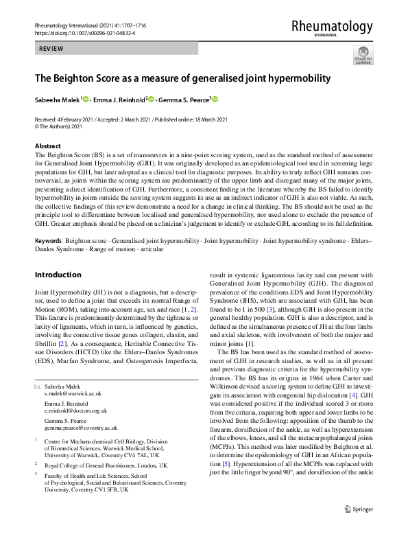 (PDF) The Beighton Score as a measure of generalised joint ...