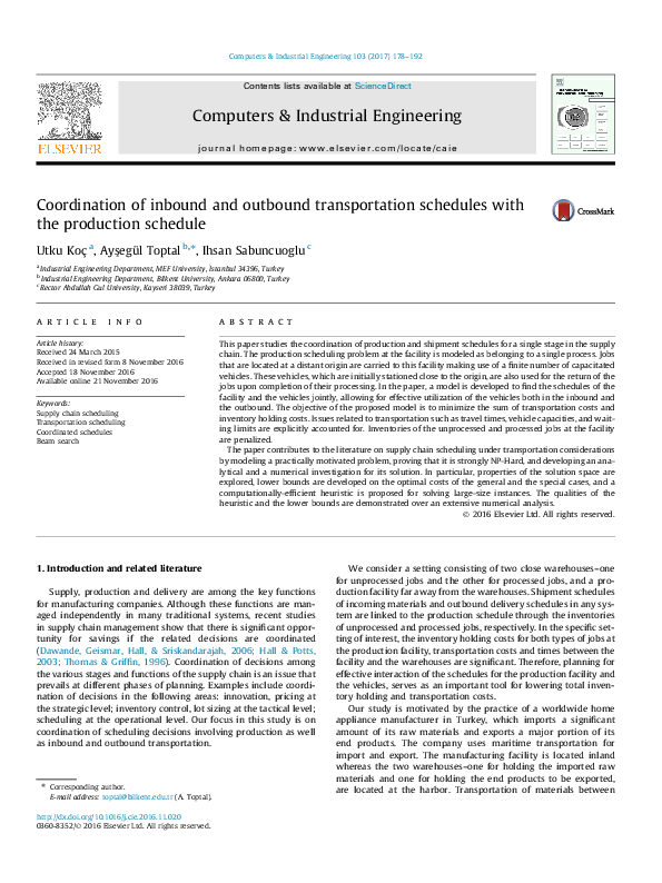 (PDF) Coordination of Inbound and Outbound Transportation Schedules ...