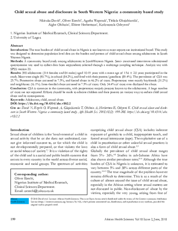 (PDF) Child sexual abuse and disclosure in South Western Nigeria: a ...